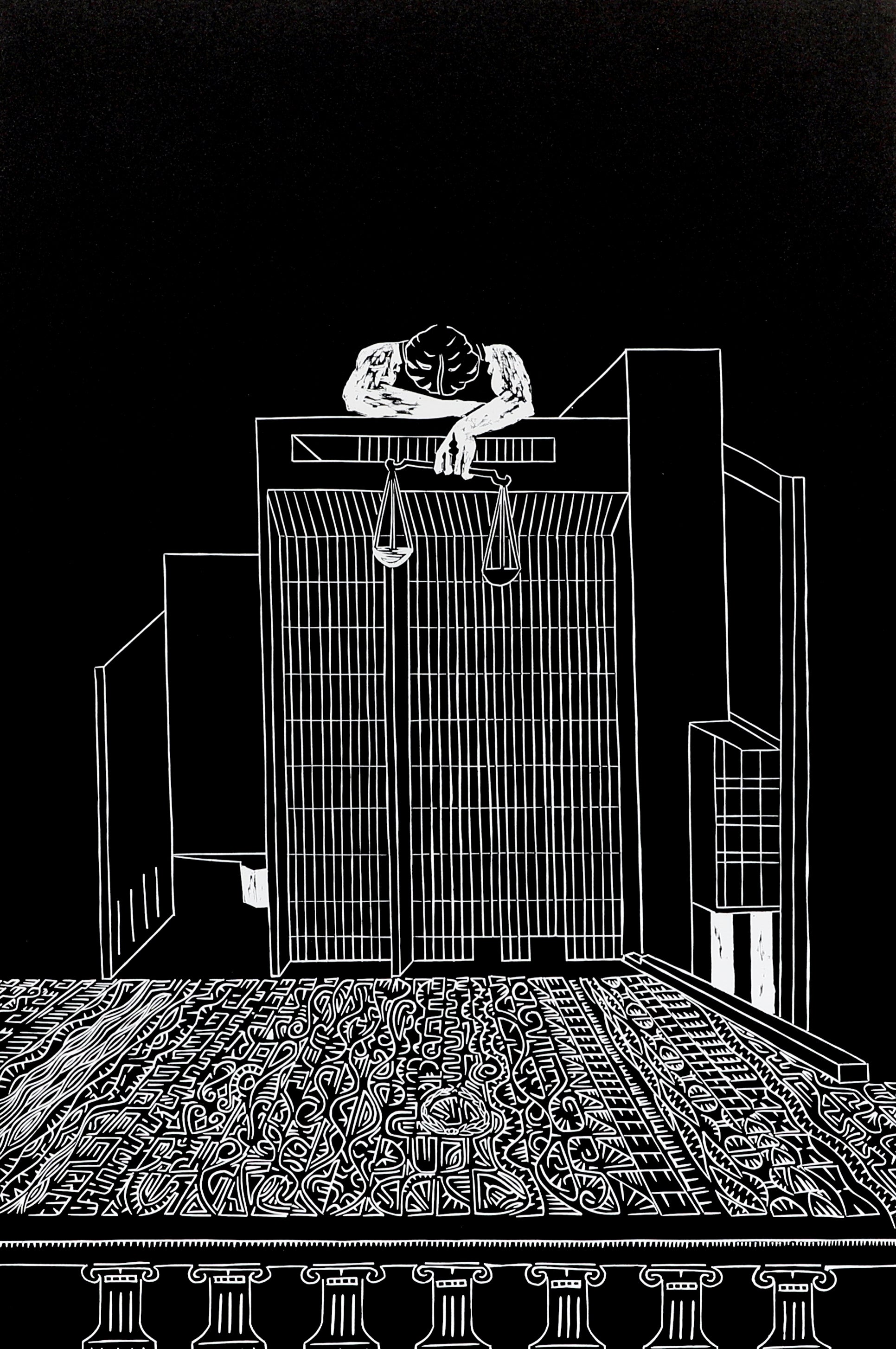 Lady Justice Mourning Her House – Umbrella Studio